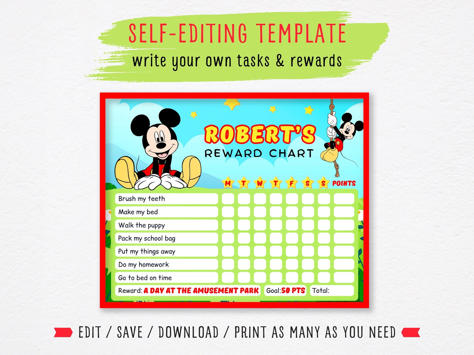 EDITABLE Reward Chart Mickey Mouse,behavior Reward Chart for Kids,chore ...