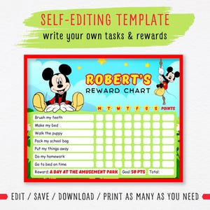 EDITABLE Reward Chart Mickey Mouse,behavior Reward Chart for Kids,chore ...