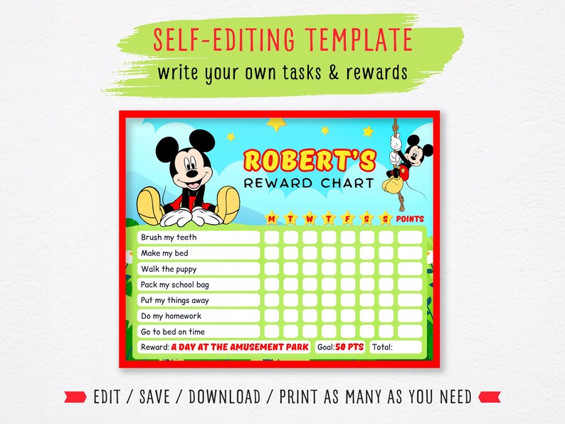 EDITABLE Reward Chart Mickey Mouse,behavior Reward Chart for Kids,chore ...