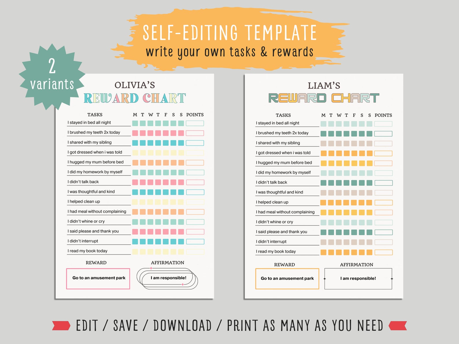 Editable Reward Chart for Kids, Good Behavior Tracking, Printable ...