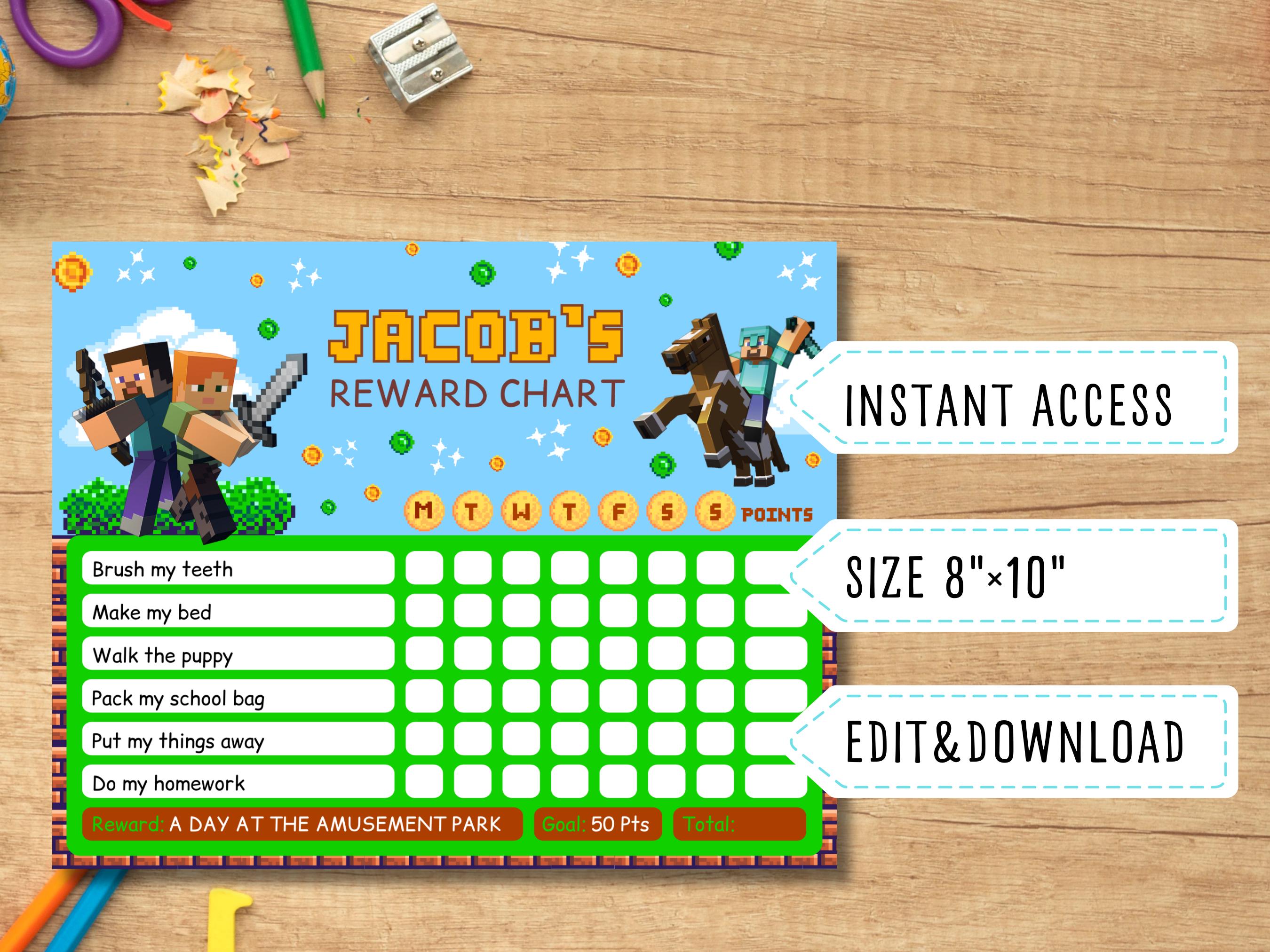 EDITABLE Reward Chart Minecraft,behavior Reward Chart for Kid,video ...