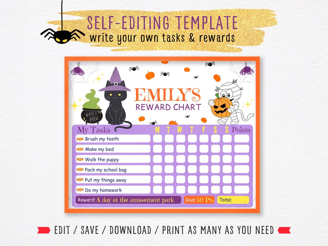 EDITABLE Halloween Reward Chart,girls Reward Chart,october Chore Chart ...