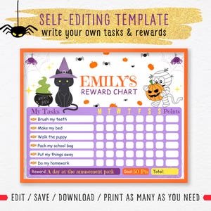 EDITABLE Halloween Reward Chart,girls Reward Chart,october Chore Chart ...