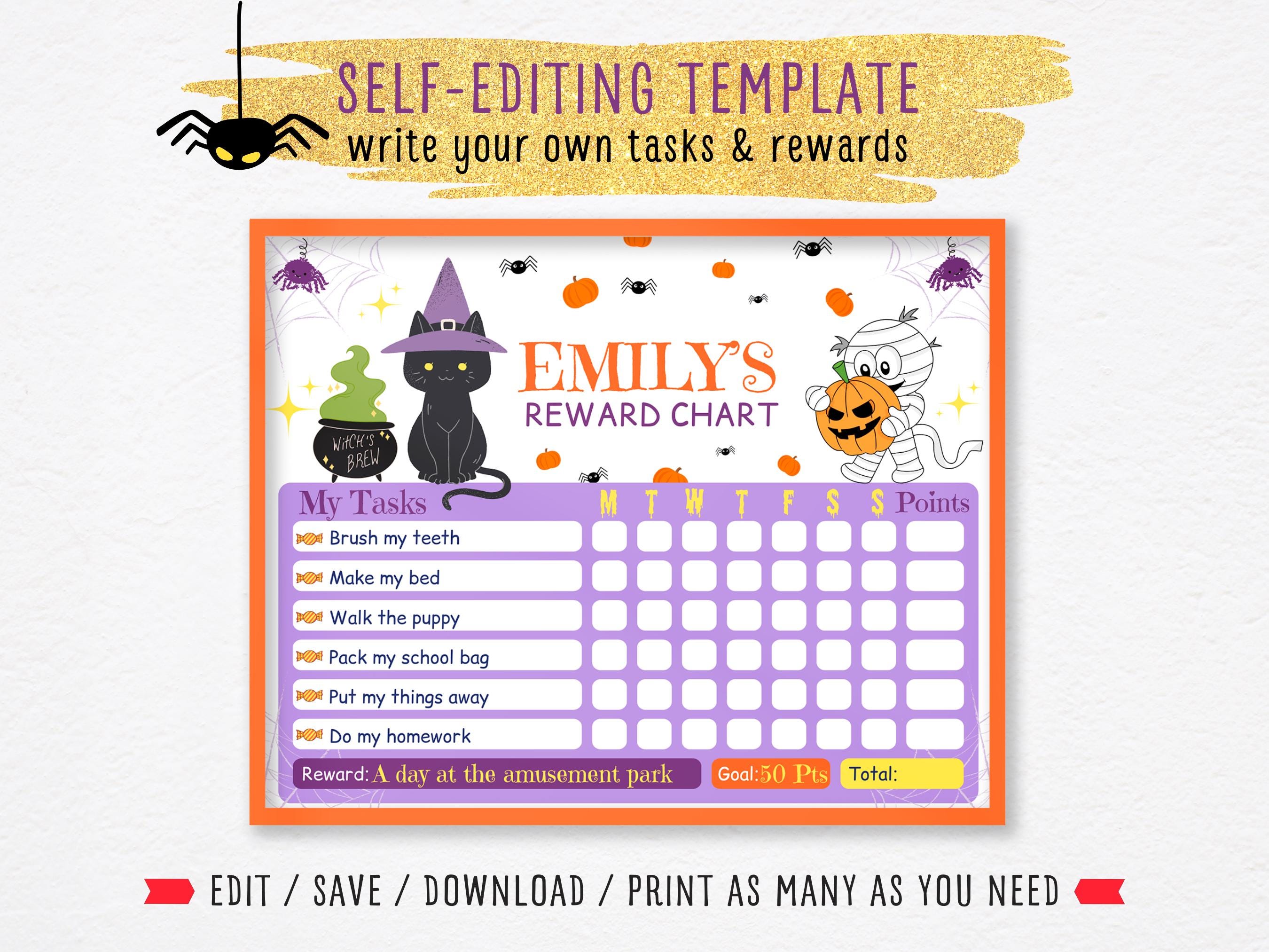 EDITABLE Halloween Reward Chart,girls Reward Chart,october Chore Chart ...