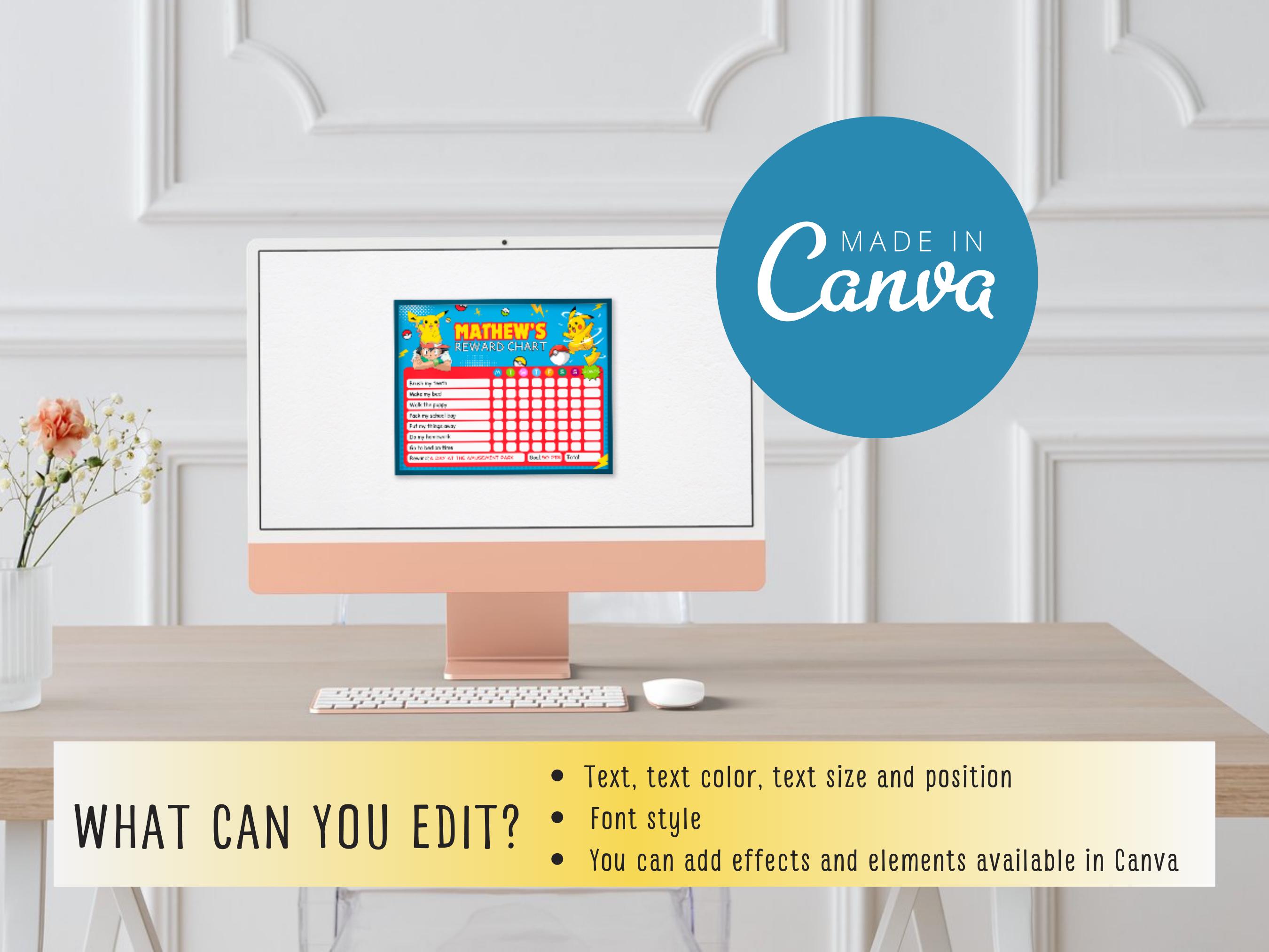 EDITABLE Reward Chart Pikachu,pokemon Behavior Reward Chart for Kids ...