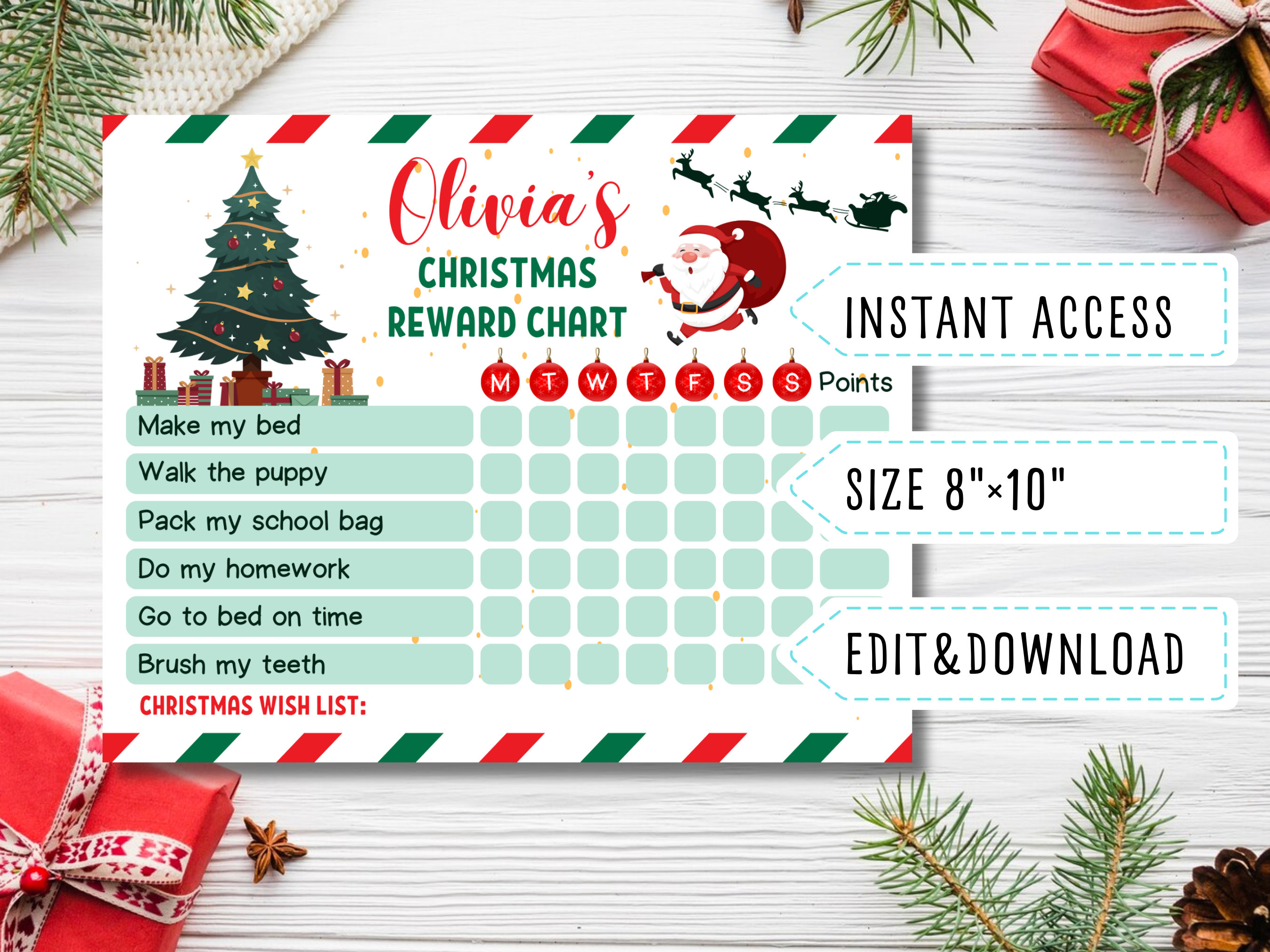 EDITABLE Christmas Reward Chart,new Year's Behavior Chart,santa Chore ...