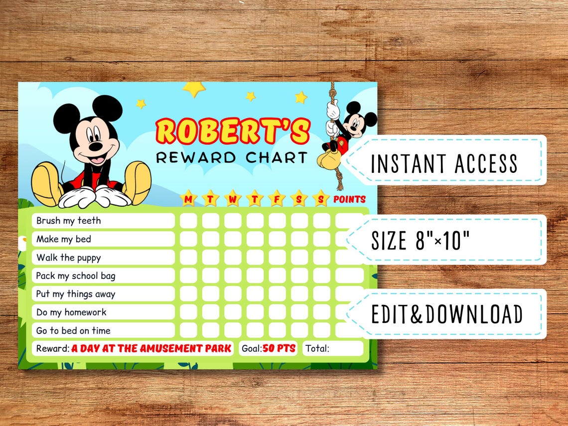 EDITABLE Reward Chart Mickey Mouse,behavior Reward Chart for Kids,chore ...