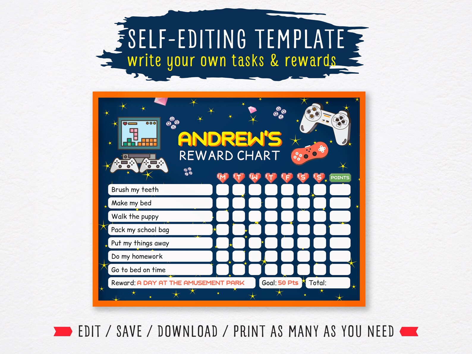 EDITABLE Video Game Reward Chart,chore Chart for Kids,joysticks ...