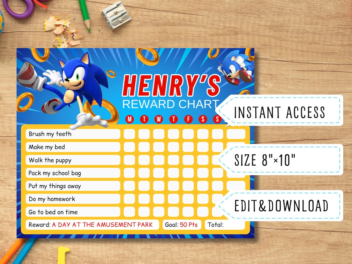 EDITABLE Reward Chart Sonic,behavior Reward Chart for Kids,sonic the ...