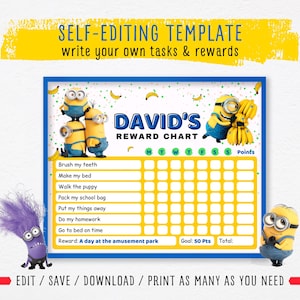 EDITABLE Reward Chart Minions,behavior Reward Chart for Kids,despicable ...