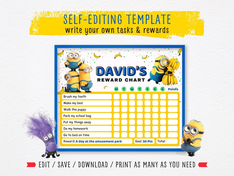 EDITABLE Reward Chart Minions,behavior Reward Chart for Kids,despicable ...