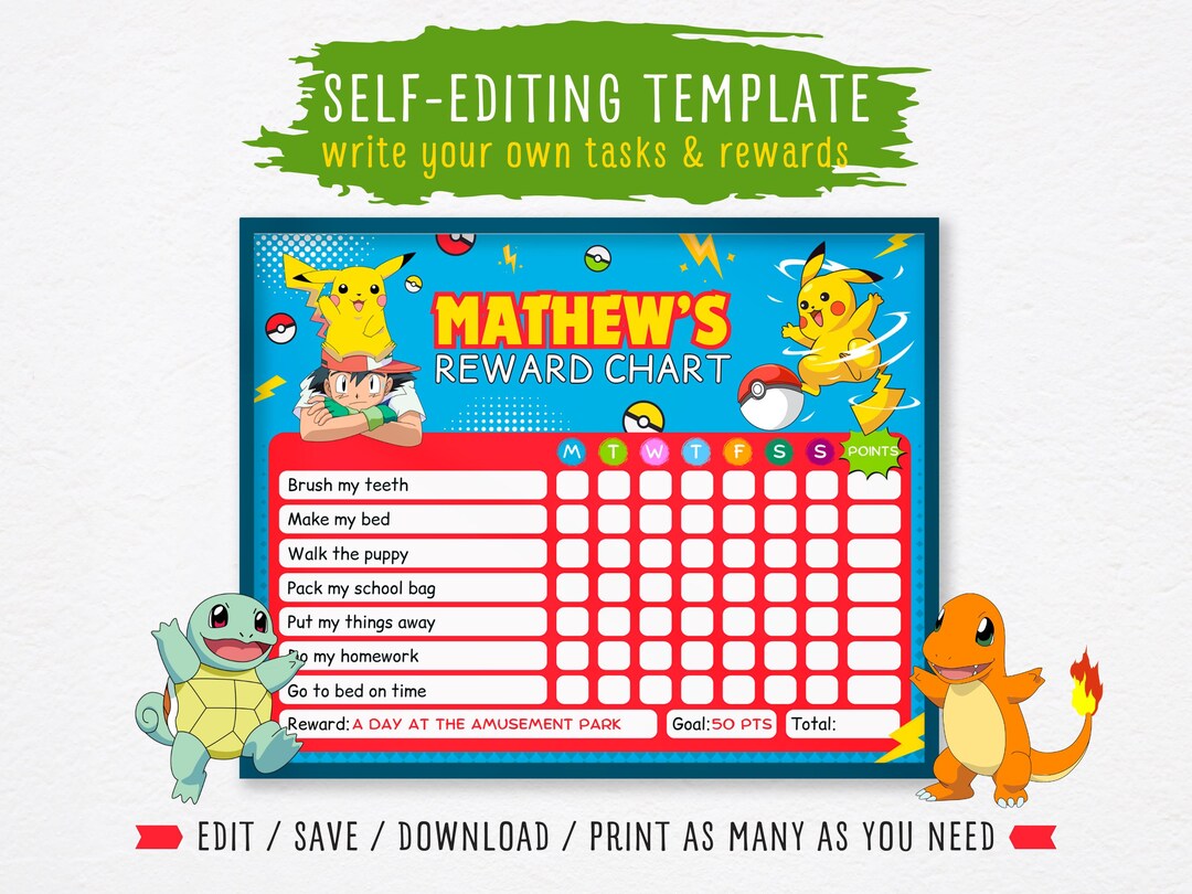 EDITABLE Reward Chart Pikachu,pokemon Behavior Reward Chart for Kids ...