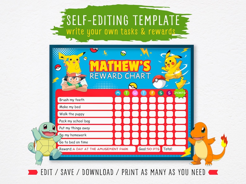 EDITABLE Reward Chart Pikachu,pokemon Behavior Reward Chart for Kids ...