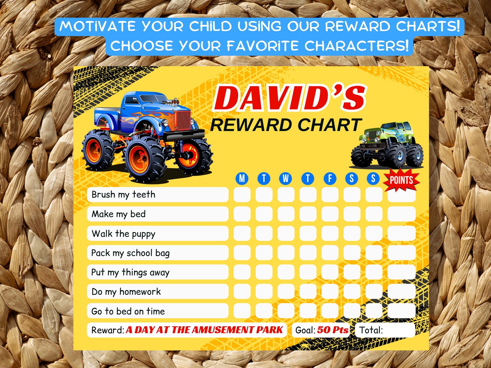 EDITABLE Reward Chart Monster Truck,behavior Reward Chart for Boys ...
