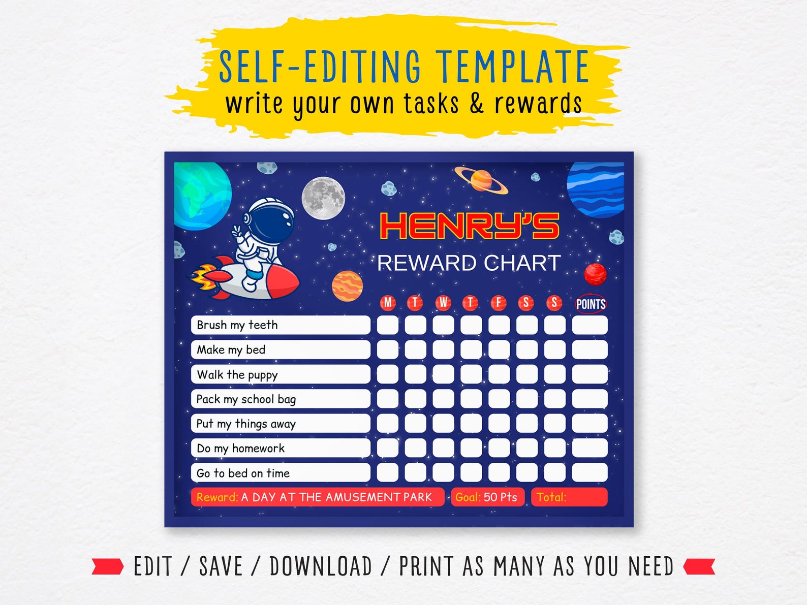 EDITABLE Space Reward Chart,spaceman Behavior Chart,solar System Chore ...