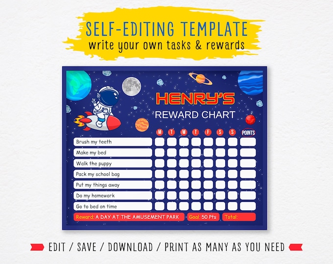 EDITABLE Space Reward Chart Outer Space Rocket Ship Astronaut Solar ...