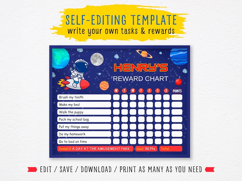 EDITABLE Space Reward Chart,spaceman Behavior Chart,solar System Chore ...