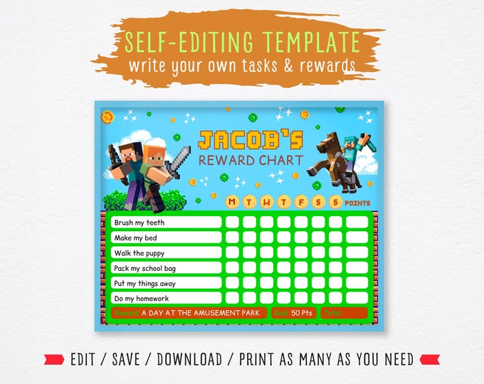 EDITABLE Reward Chart Minecraft,behavior Reward Chart for Kid,video ...