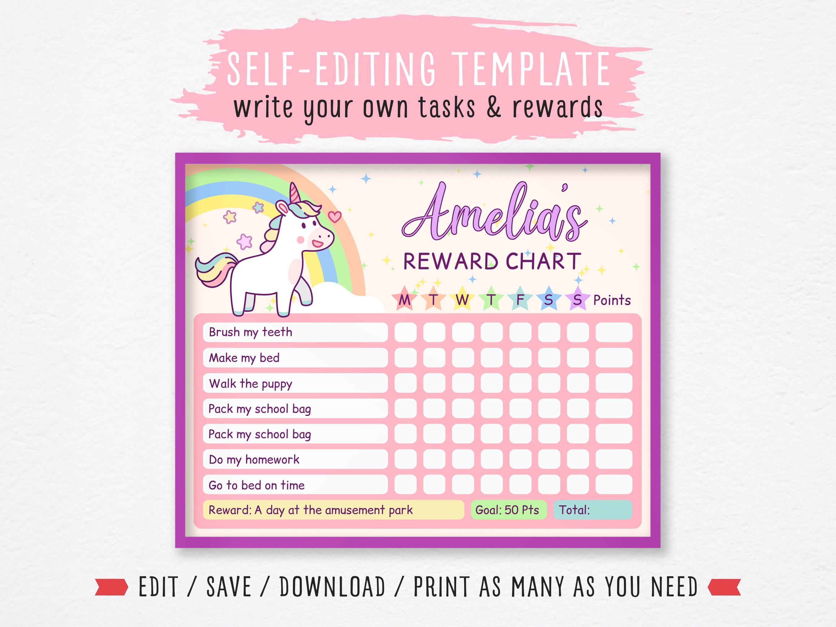 EDITABLE Unicorn Reward Chart, Unicorn Behavior Chart Girl, Pink&yellow ...