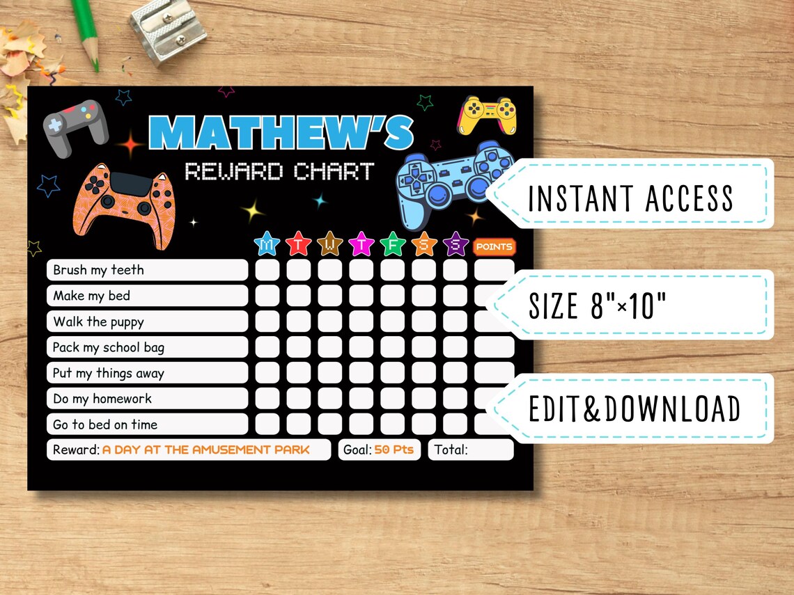 EDITABLE Video Game Reward Chart,video Game Kids Chore Chart,controller ...