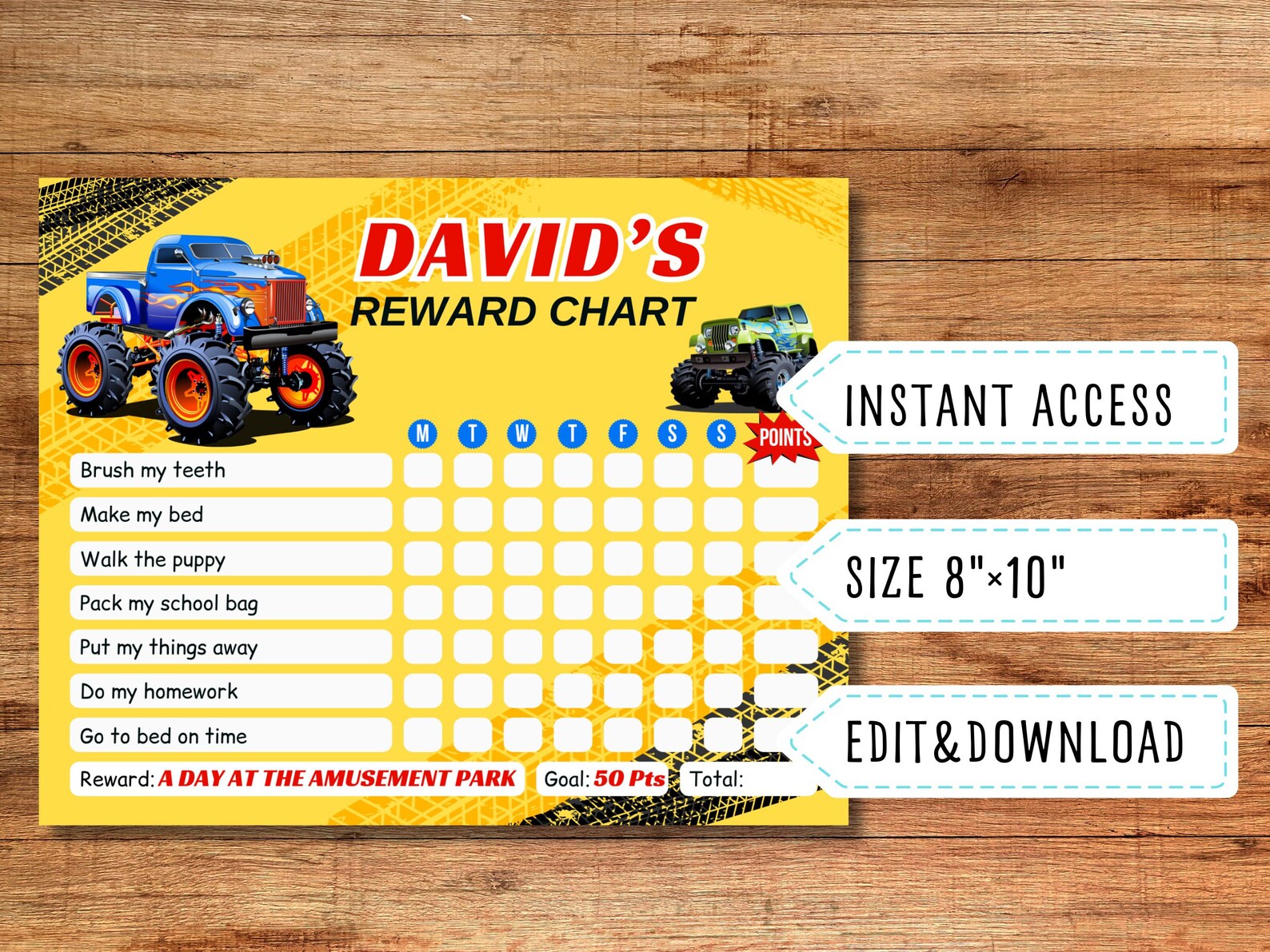 EDITABLE Reward Chart Monster Truck,behavior Reward Chart for Boys ...