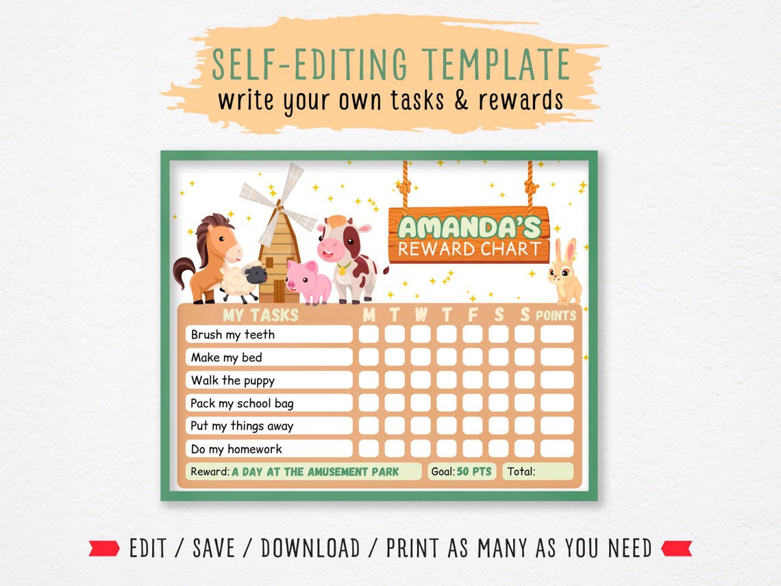EDITABLE Autumn Farm Reward Chart for Kids,farm Animals Routine Chart ...