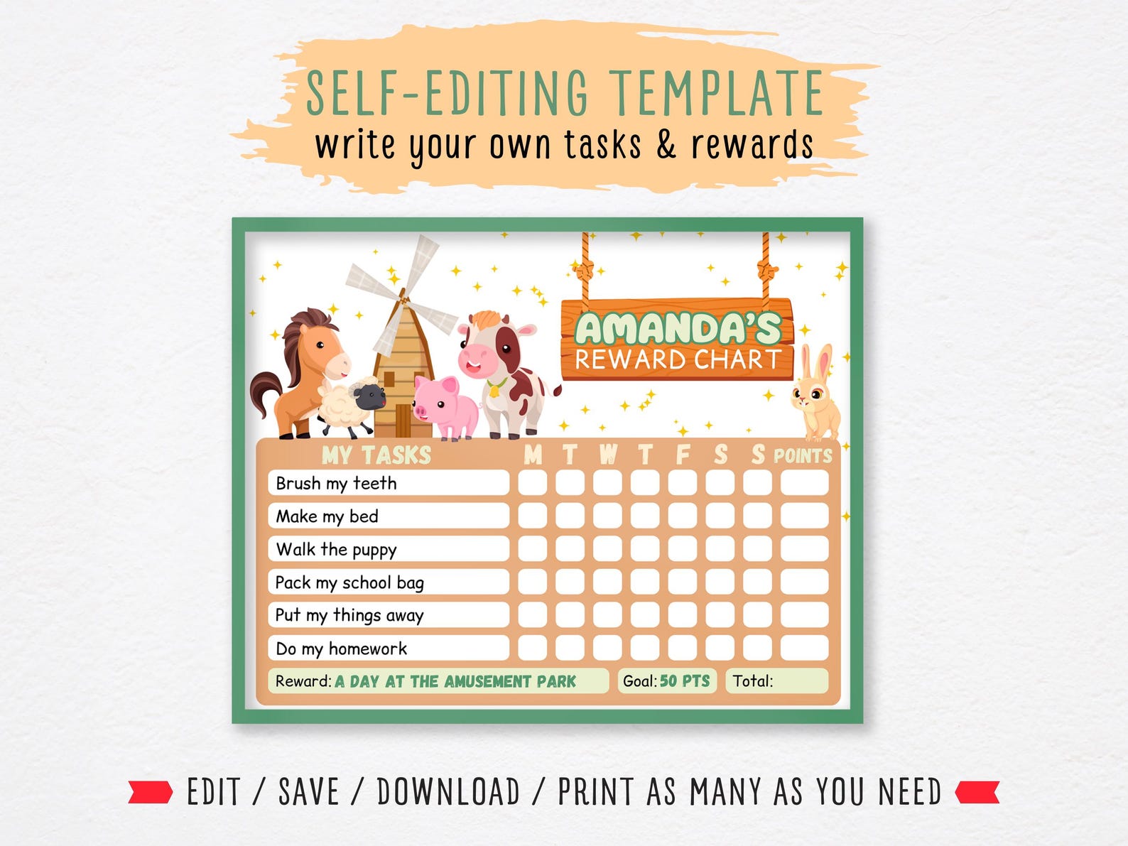 EDITABLE Autumn Farm Reward Chart for Kids,farm Animals Routine Chart ...