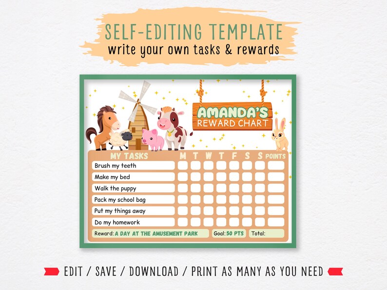 EDITABLE Autumn Farm Reward Chart for Kids,farm Animals Routine Chart ...