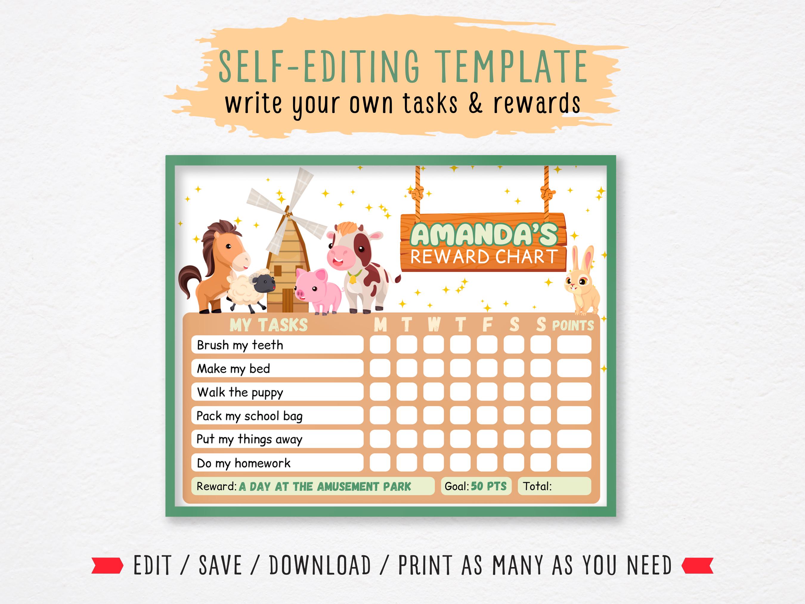 EDITABLE Autumn Farm Reward Chart for Kids,farm Animals Routine Chart ...