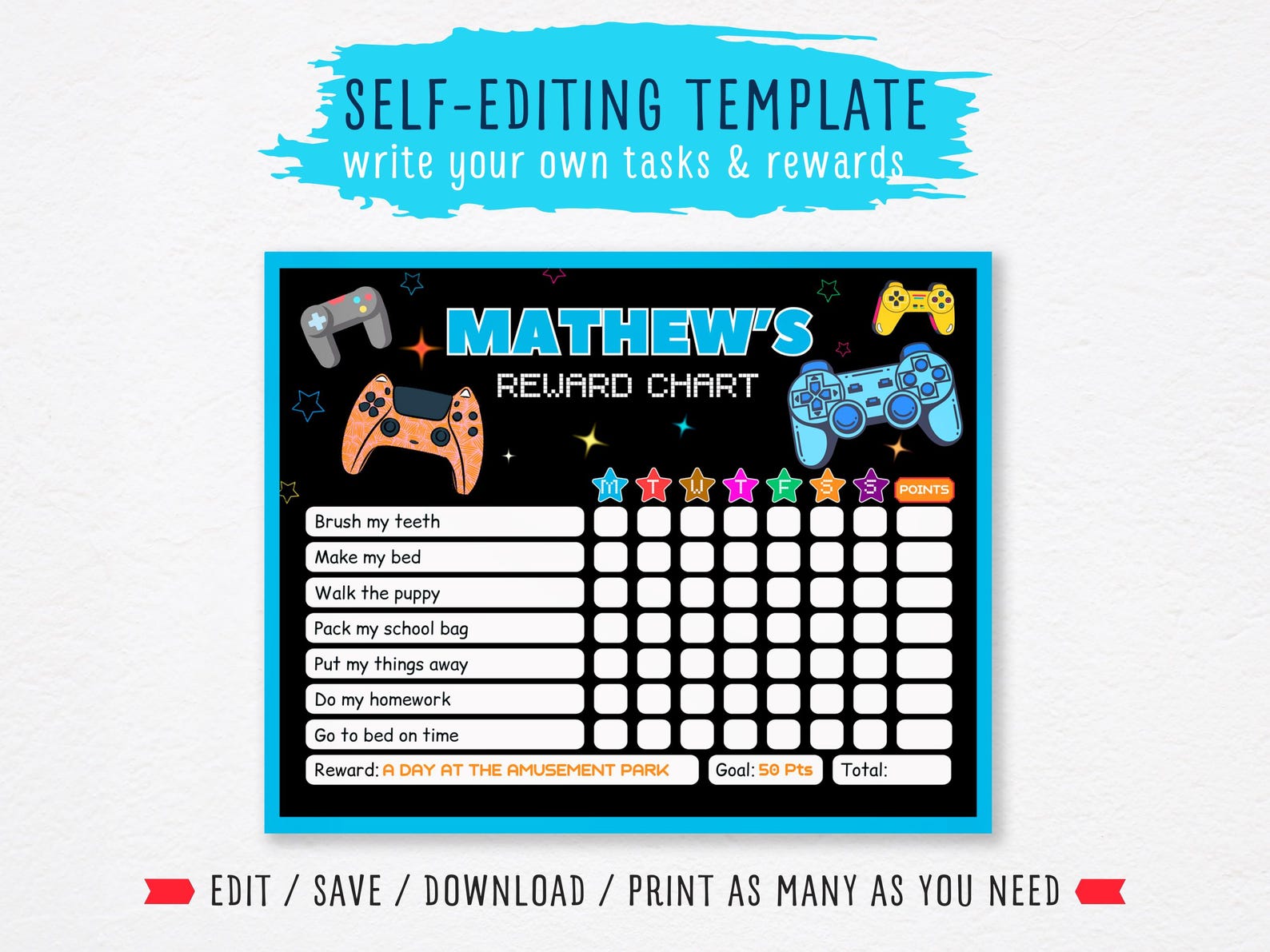 EDITABLE Video Game Reward Chart,video Game Kids Chore Chart,controller ...