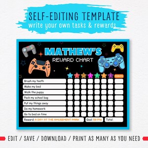 EDITABLE Video Game Reward Chart,video Game Kids Chore Chart,controller ...