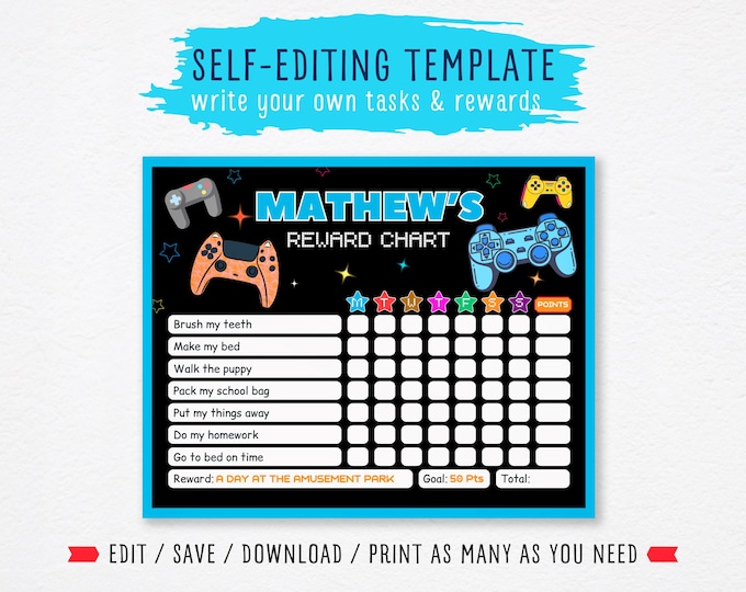 EDITABLE Video Game Reward Chart,video Game Kids Chore Chart,controller ...