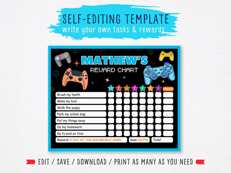 EDITABLE Video Game Reward Chart,video Game Kids Chore Chart,controller ...