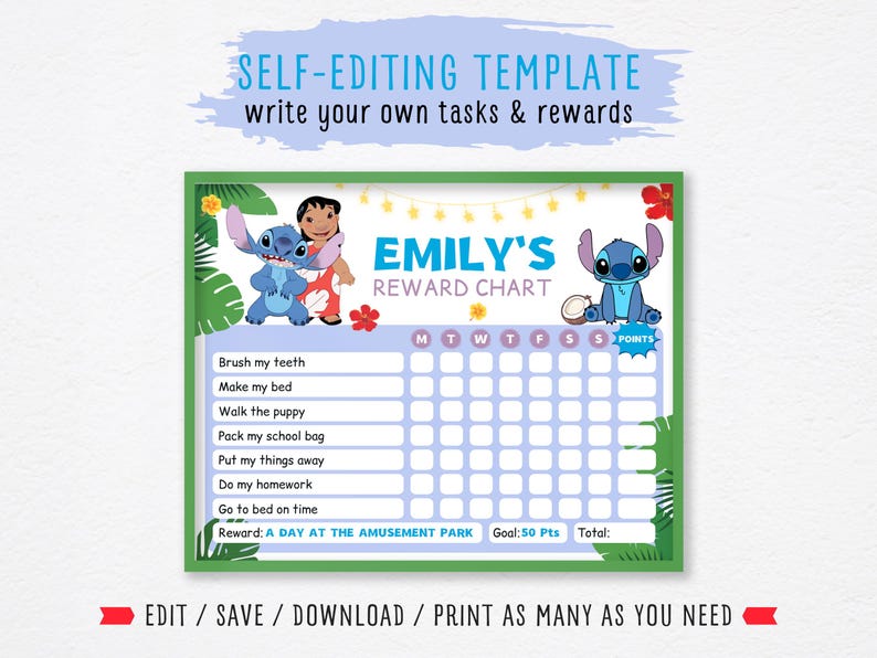 EDITABLE Reward Chart Lilo & Stich,behavior Reward Chart for Kids,lili ...