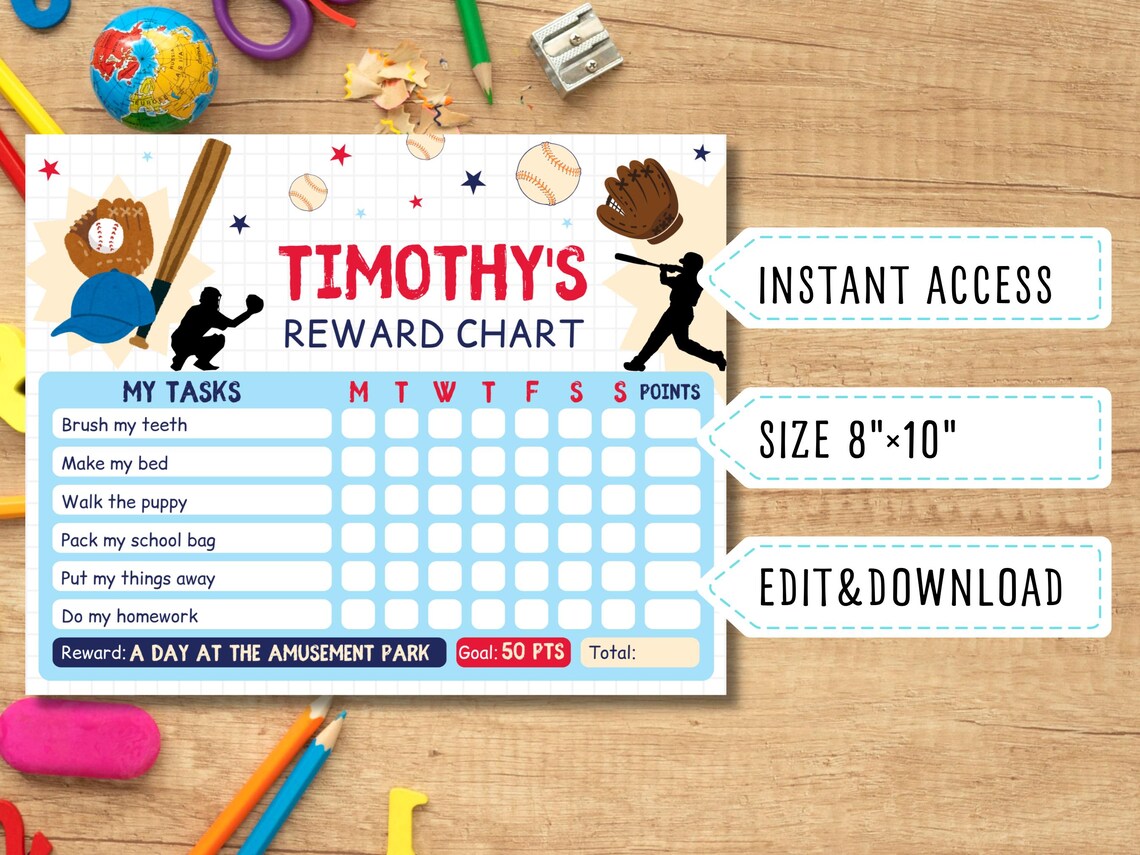 EDITABLE Baseball Reward Chart,boys Reward Chart,baseball Chore Chart ...