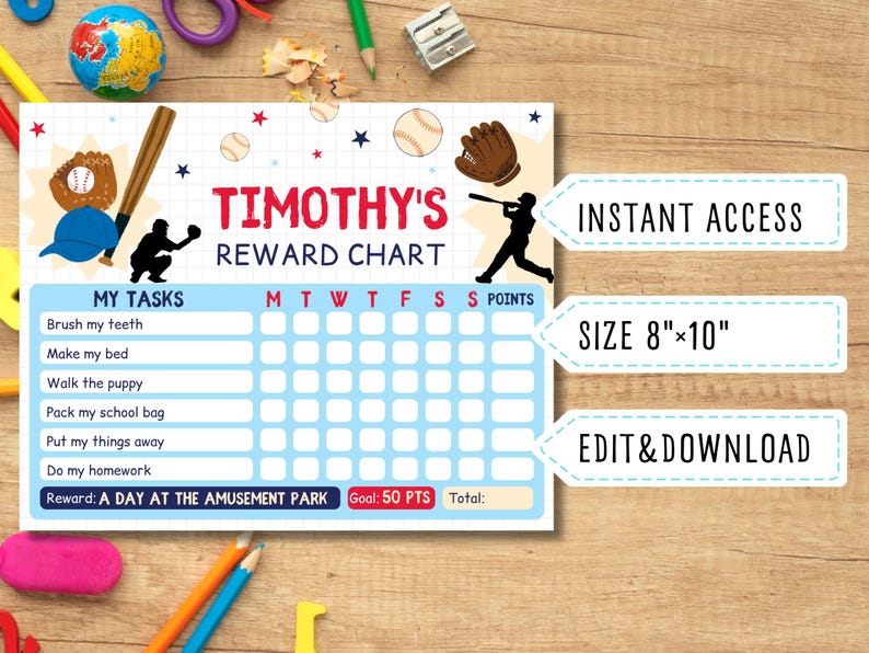 EDITABLE Baseball Reward Chart,boys Reward Chart,baseball Chore Chart ...