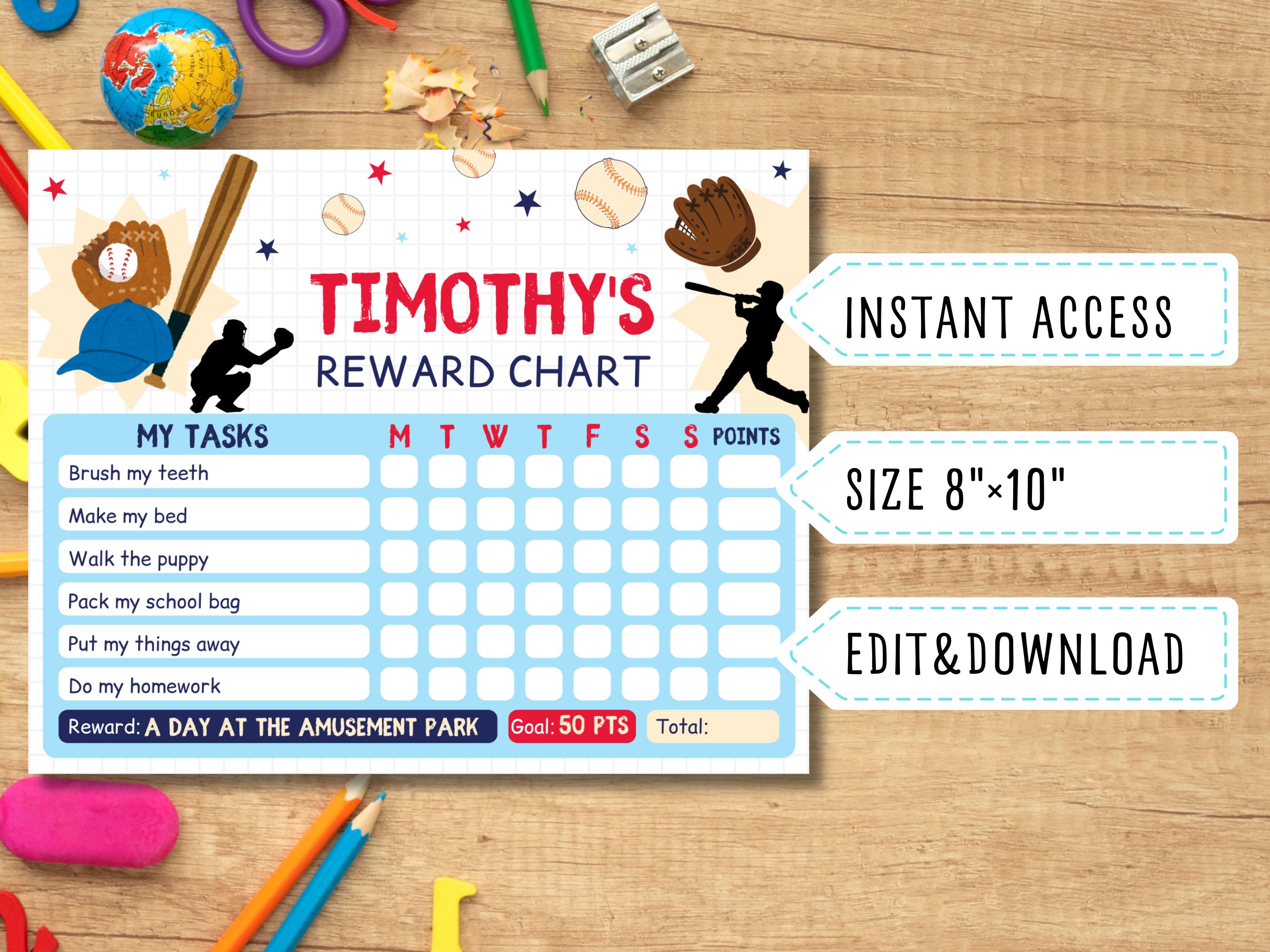 EDITABLE Baseball Reward Chart,boys Reward Chart,baseball Chore Chart ...