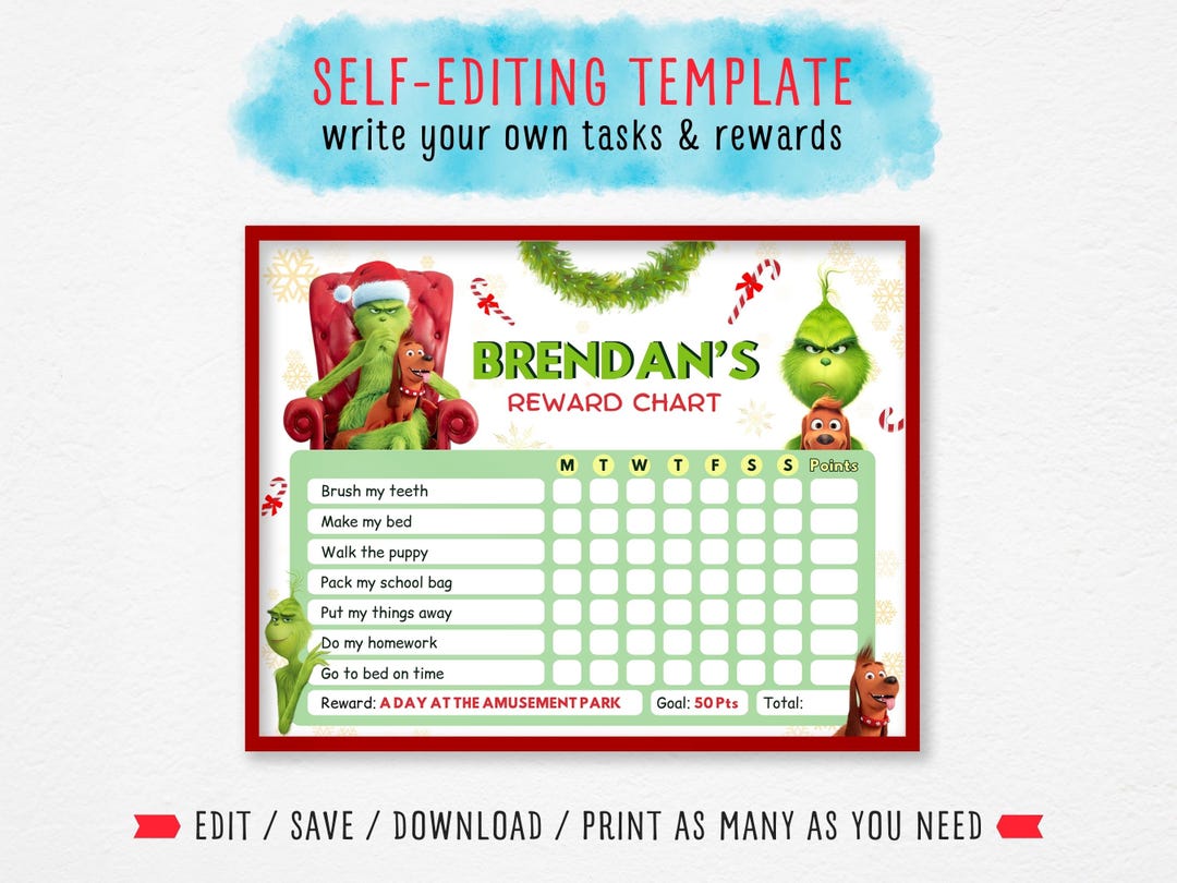 EDITABLE Reward Chart Grinch,behavior Reward Chart for Kids,grinch ...