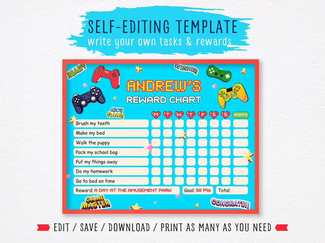 EDITABLE Video Game Reward Chart,chore Chart for Kids,joysticks ...