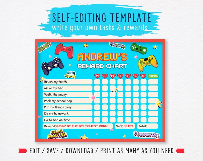 Editable Video Game Reward Chart for Kids, Video Game Routine Chart ...