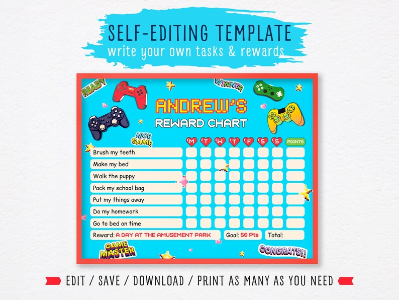 EDITABLE Video Game Reward Chart,chore Chart for Kids,joysticks ...