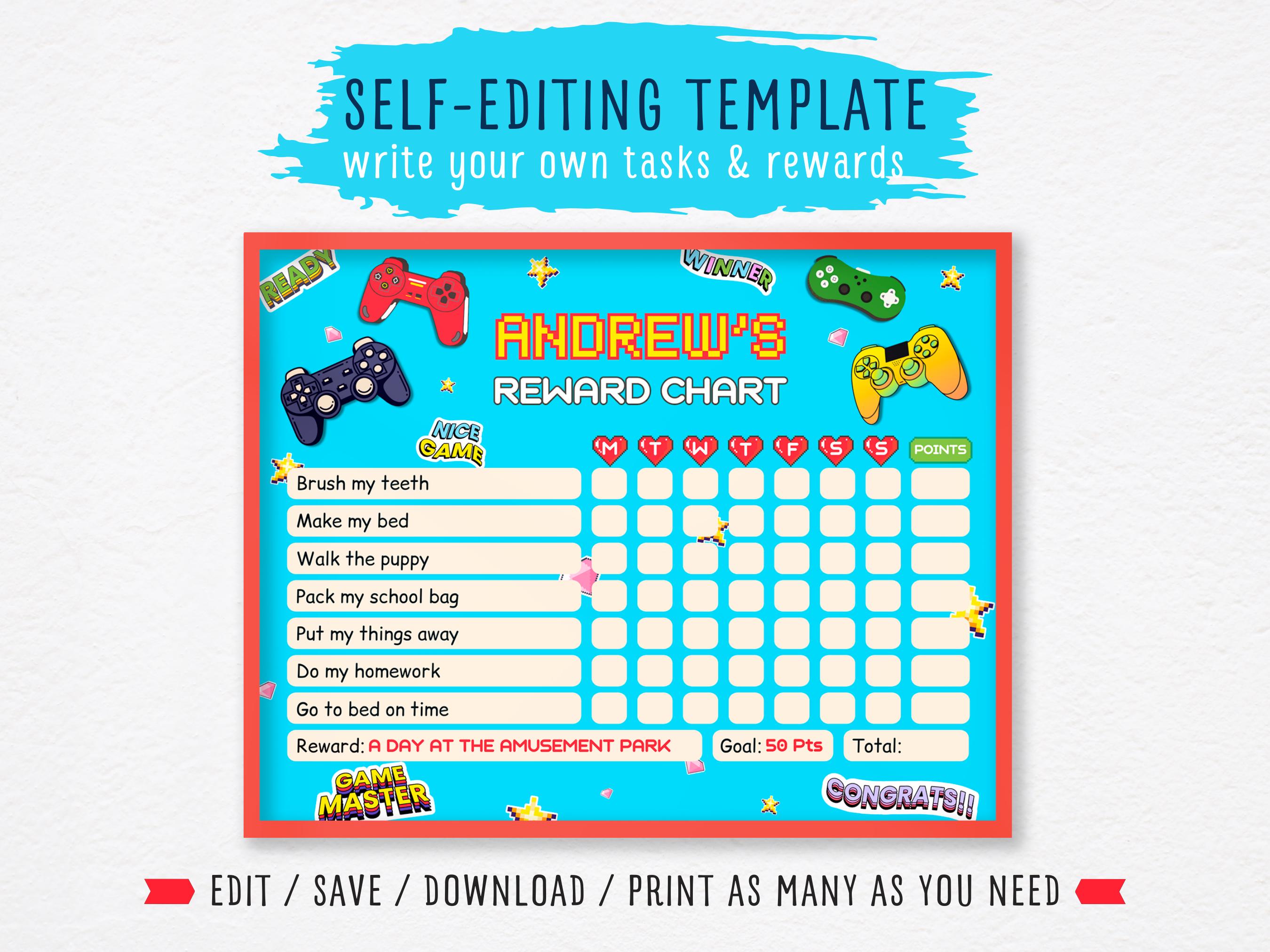 EDITABLE Video Game Reward Chart,chore Chart for Kids,joysticks ...