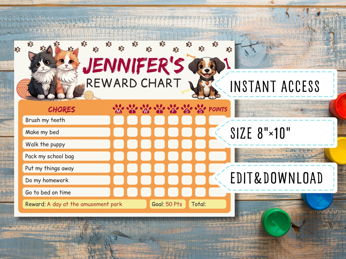 EDITABLE Puppy Kitten Reward Chart, Animals Behavior Chart, Cubs Chore ...