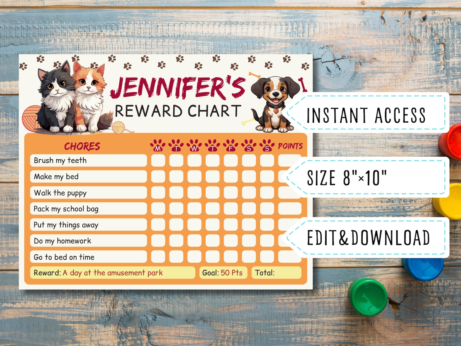 EDITABLE Puppy Kitten Reward Chart, Animals Behavior Chart, Cubs Chore ...