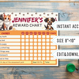 EDITABLE Puppy Kitten Reward Chart, Animals Behavior Chart, Cubs Chore ...