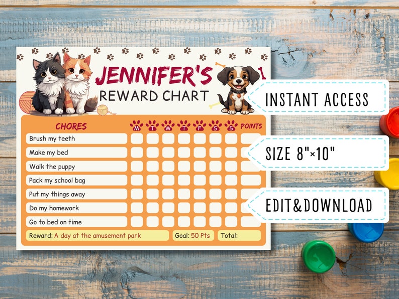 EDITABLE Puppy Kitten Reward Chart, Animals Behavior Chart, Cubs Chore ...