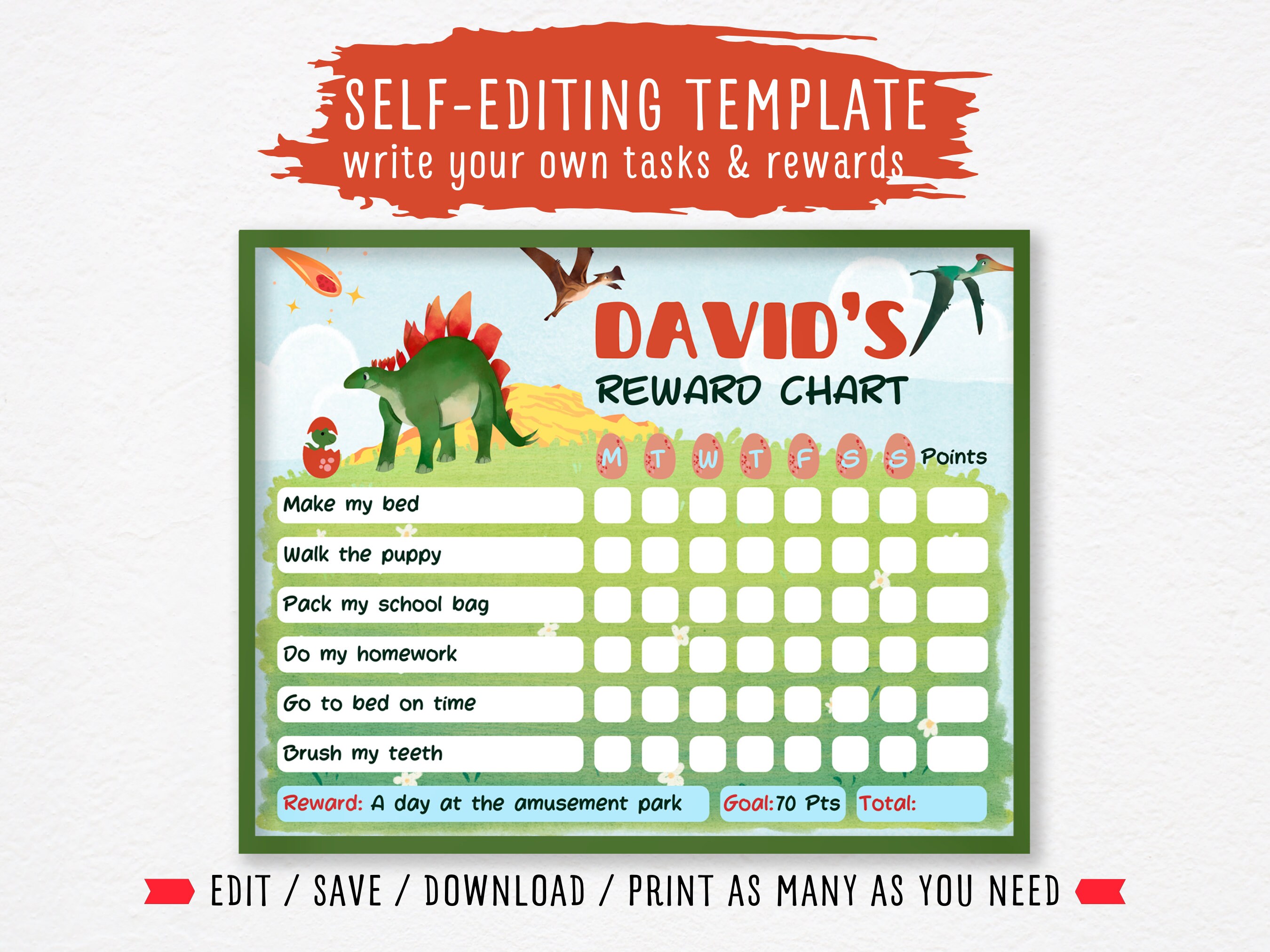 EDITABLE Dinosaur Reward Chart, Raptor Behavior Chart, Chore Chart for ...