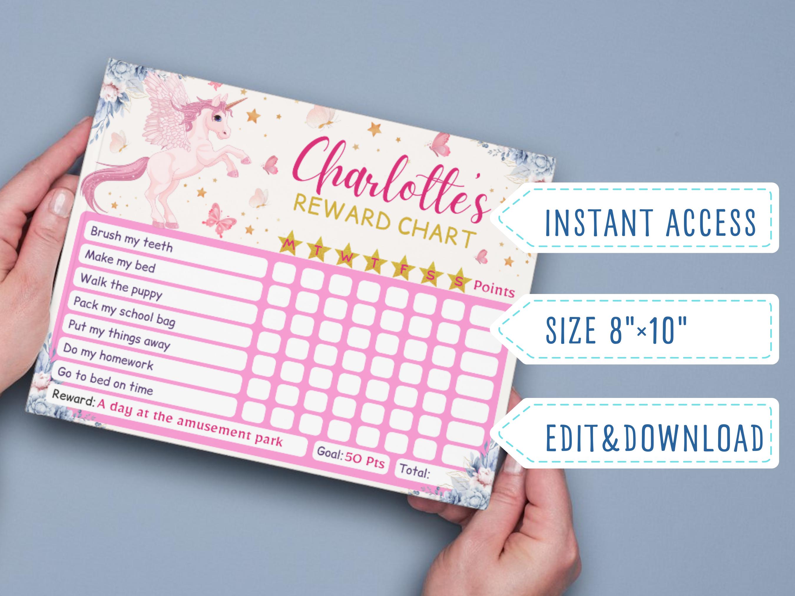 EDITABLE Reward Chart Girls Butterfly,unicorn Behavior Reward Chart for ...