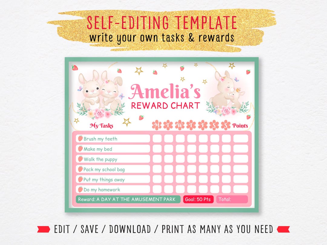 EDITABLE Reward Chart Cute Bunny,behavior Reward Chart for Kids,chore ...