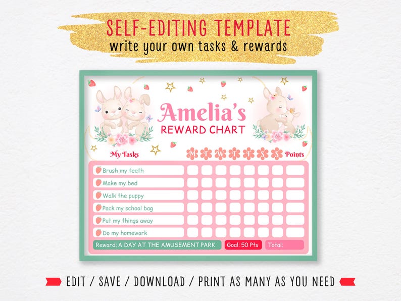 EDITABLE Reward Chart Cute Bunny,behavior Reward Chart for Kids,chore ...